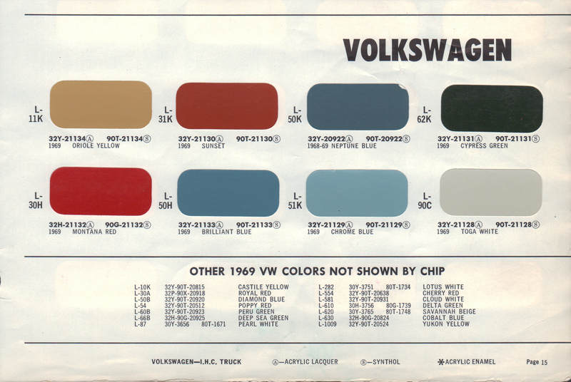 Original 1969 Volkswagen Colors Chart